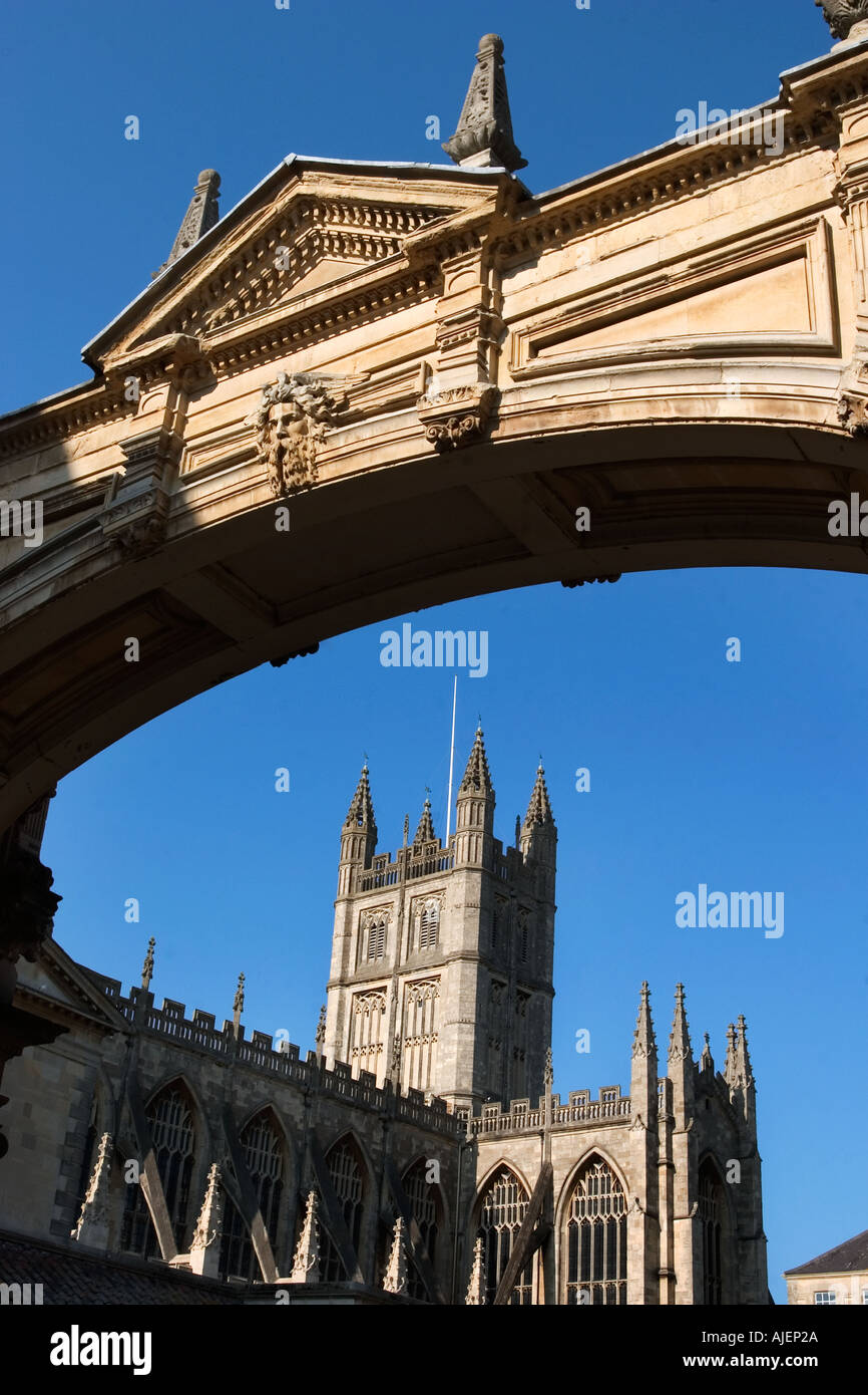 Bath Abbey viewed under the Bridge over York Street from Roman Baths ...