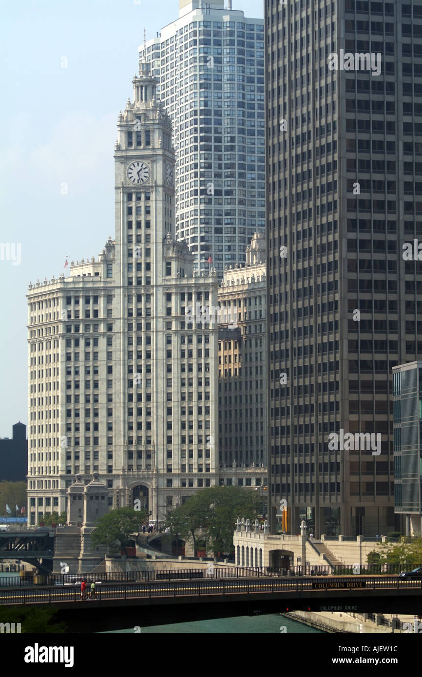 Wrigley Building clocktower over Columbus Drive Chicago Illinois USA ...