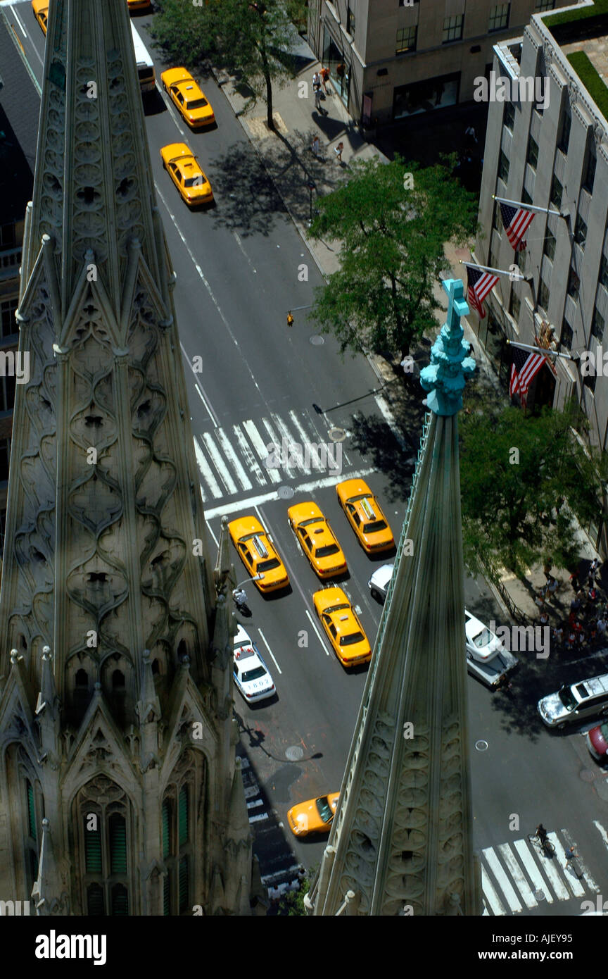 Aerial of Fifth Ave from East 51 St with the spires of St Patrick s ...