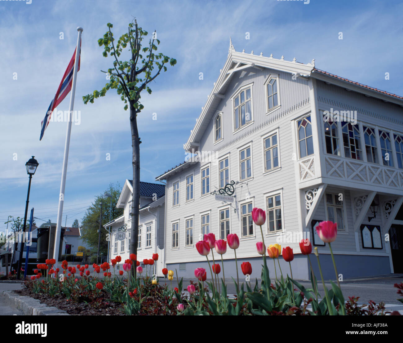 Picturesque old traditional wooden Norwegian hotel building; Hotel ...