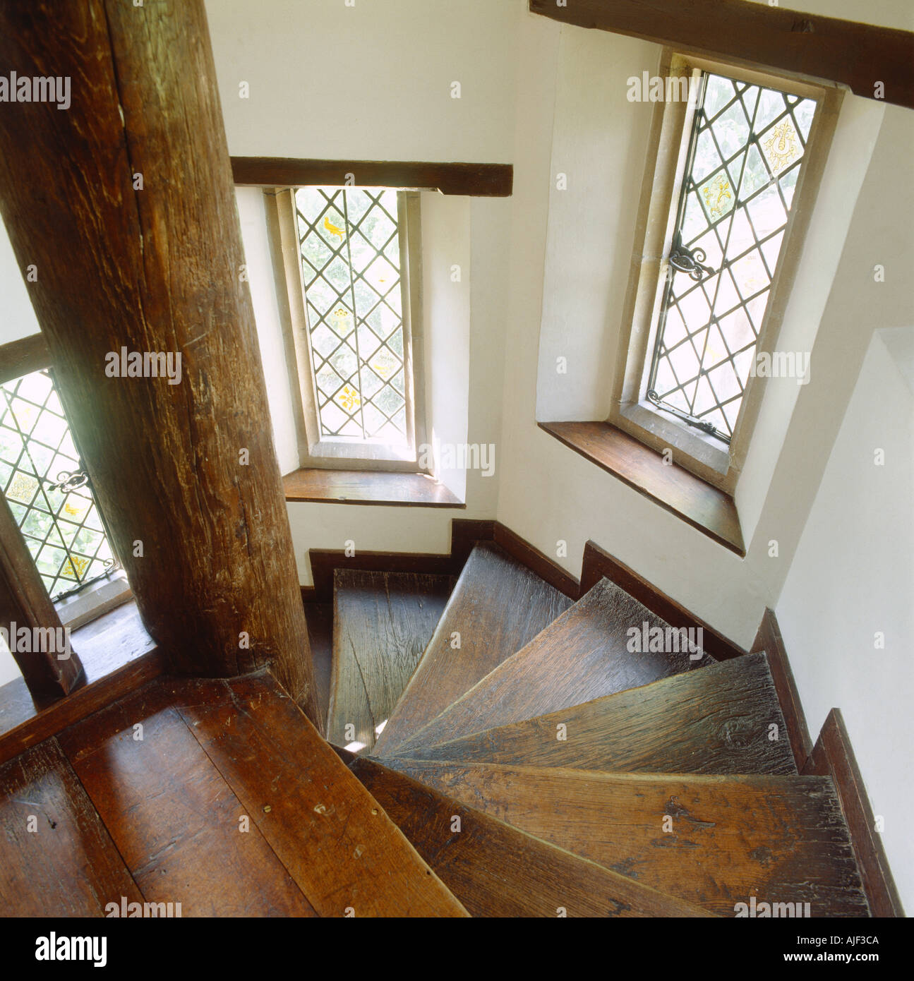 Looking down spiral staircase at Stoneacre Otham Kent Stock Photo - Alamy
