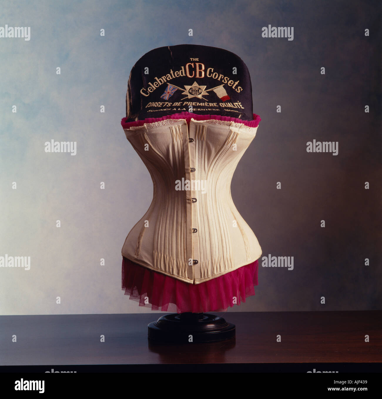 Corset for shop display embroidered with the words The Celebrated C B ...