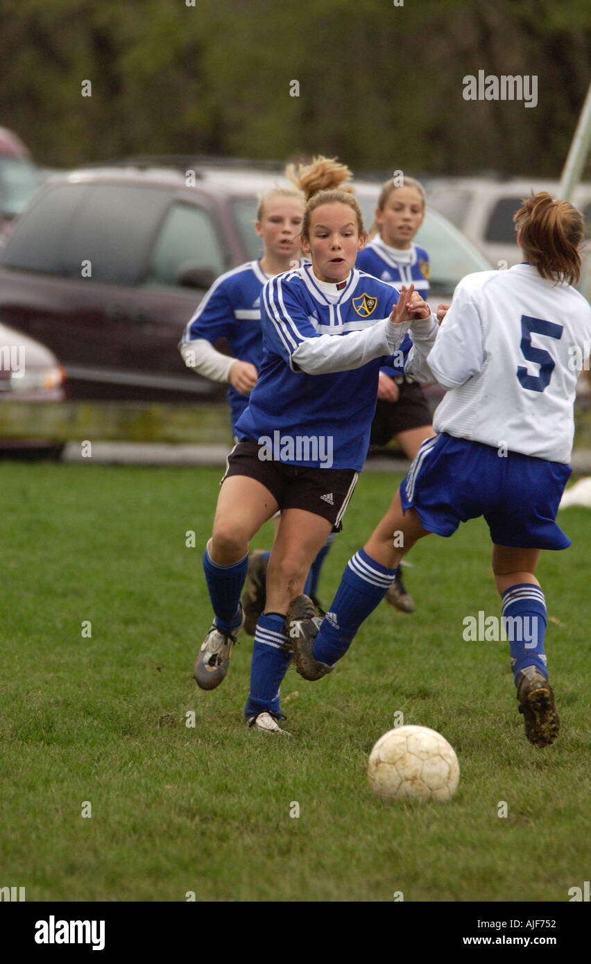 Youth girl s football action American soccer game Stock Photo - Alamy