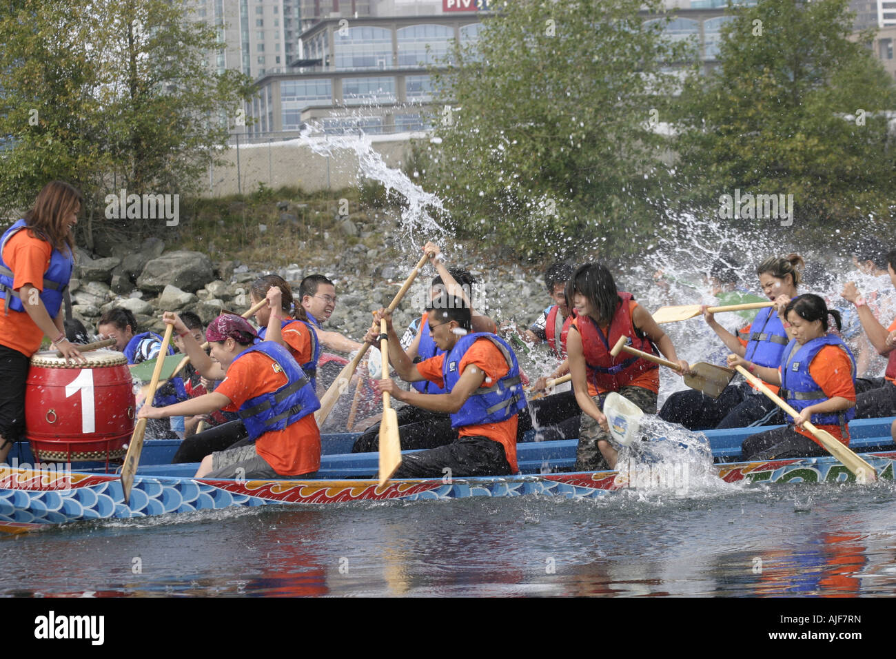 dragon boat team working together padding in unison Stock Photo - Alamy