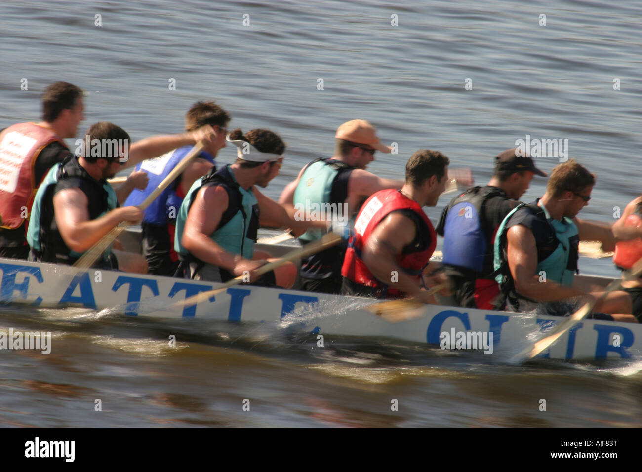 dragon boat team working together padding in unison Stock Photo - Alamy