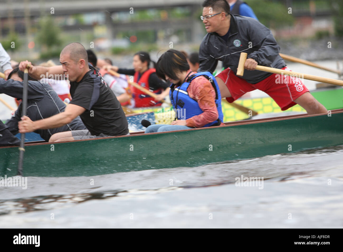 dragon boat team working together padding in unison Stock Photo - Alamy
