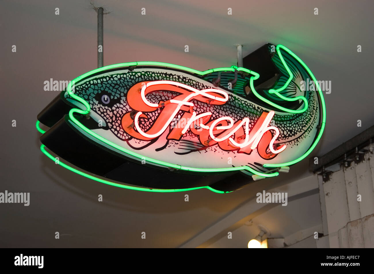 Fresh Fish Neon Sign at Pike Place Market, Seattle, Washington USA ...