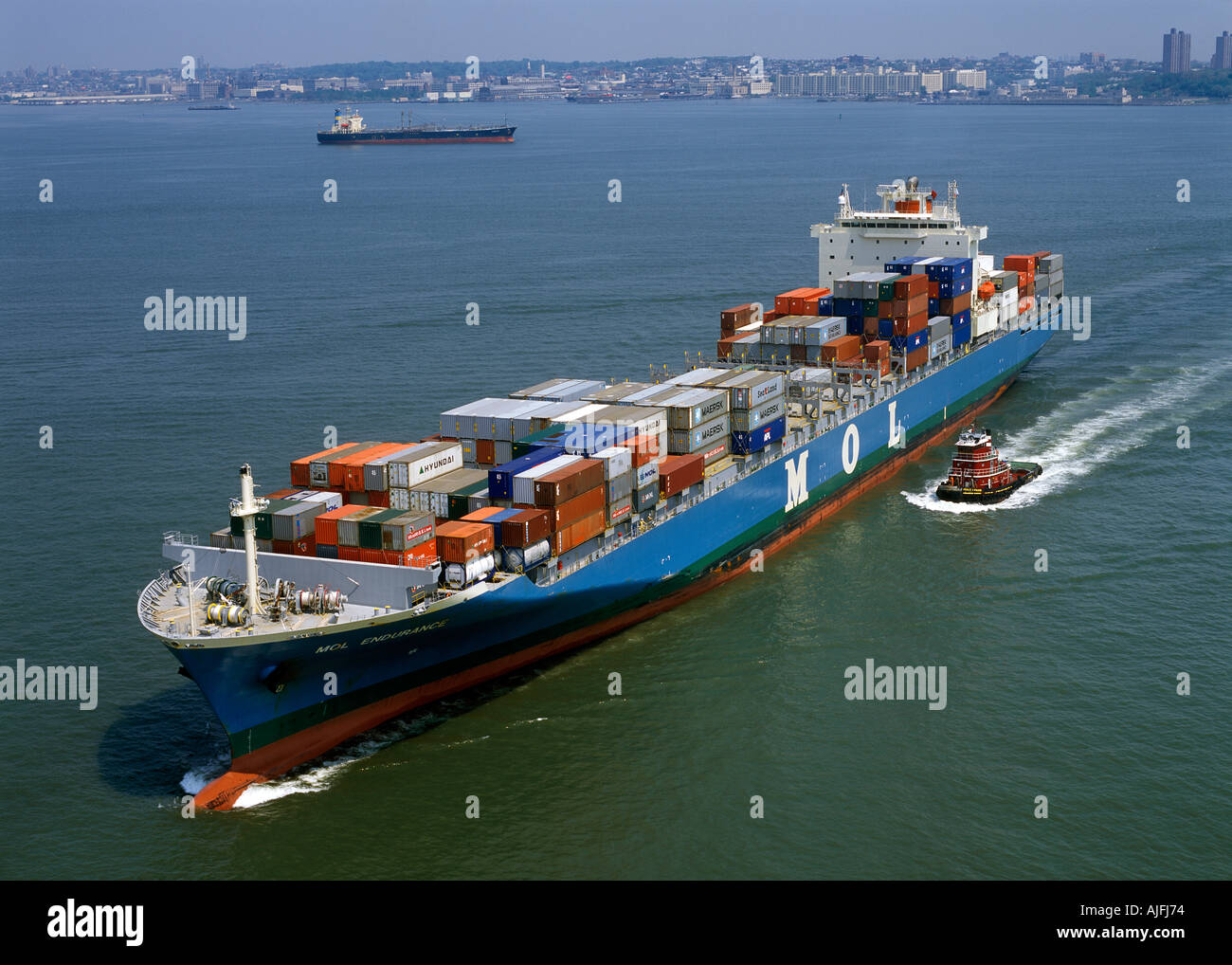 MOL Endurance Container Ship and Tugboat in Upper New York Bay Stock ...