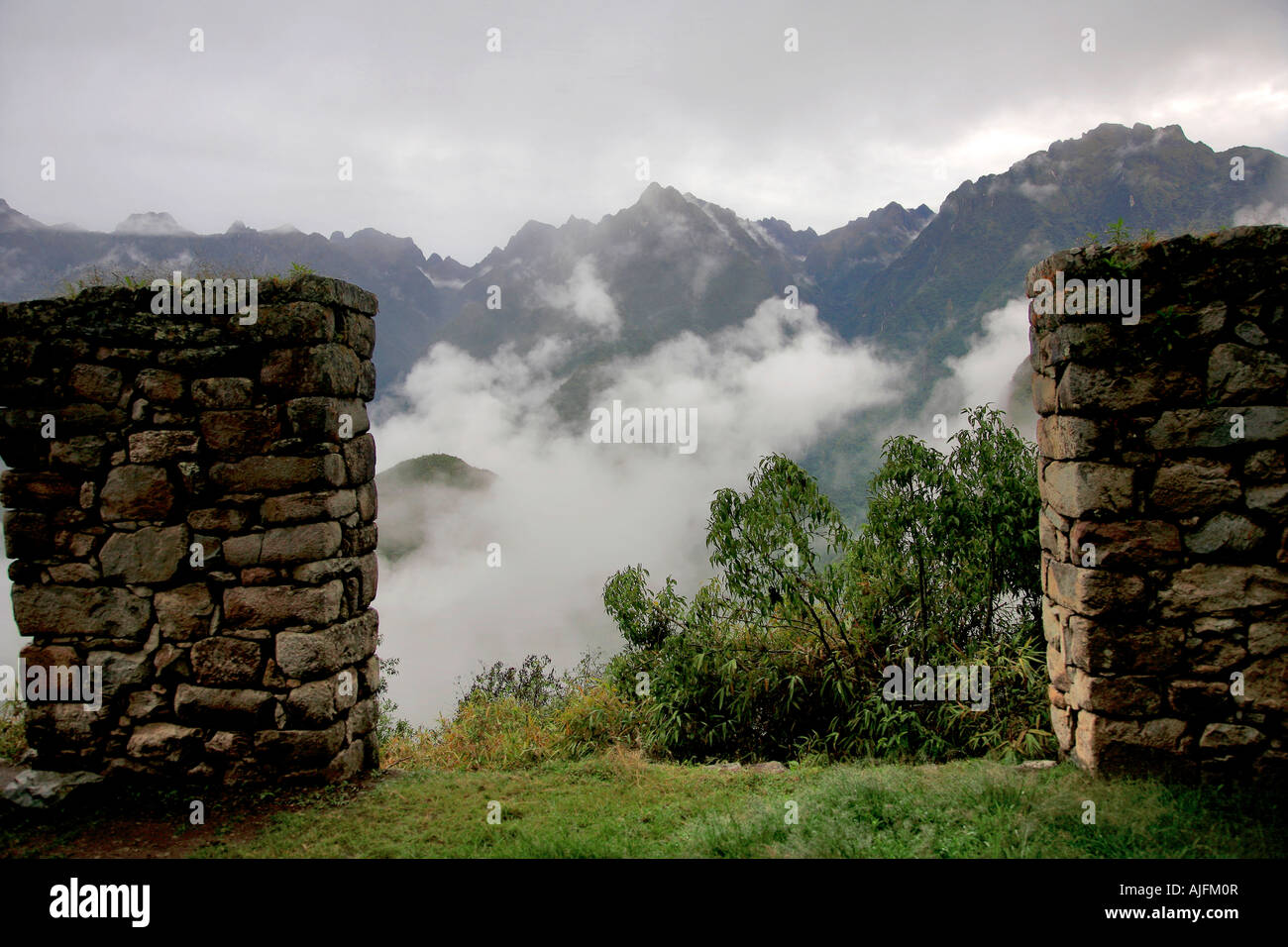 Vilcabamba Mountains through ruins on the Inca Trail near to UNESCO ...