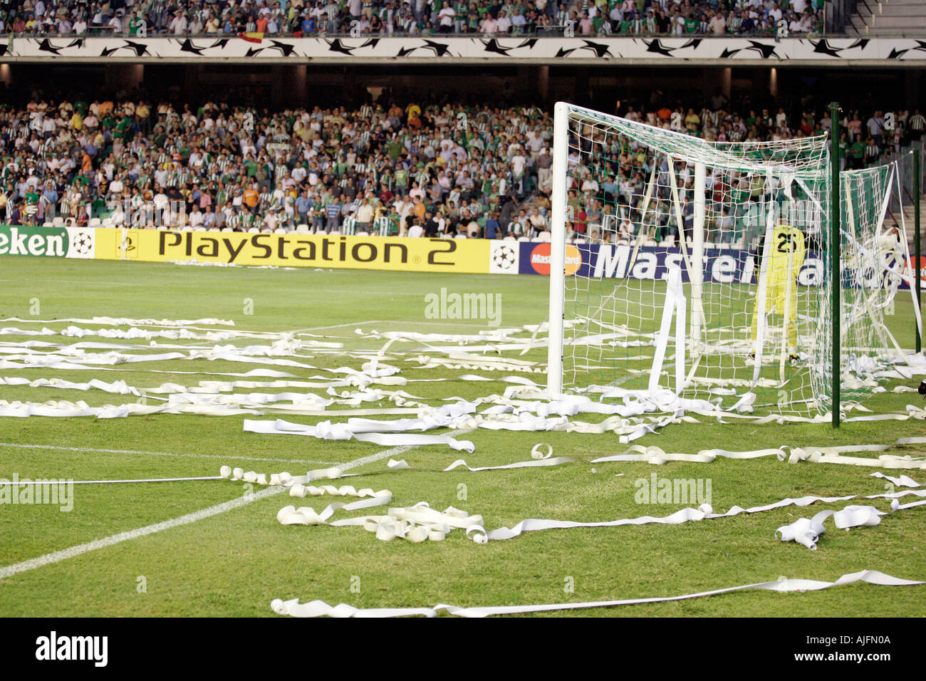 The goal and end line area covered by paper strips before Real Betis ...