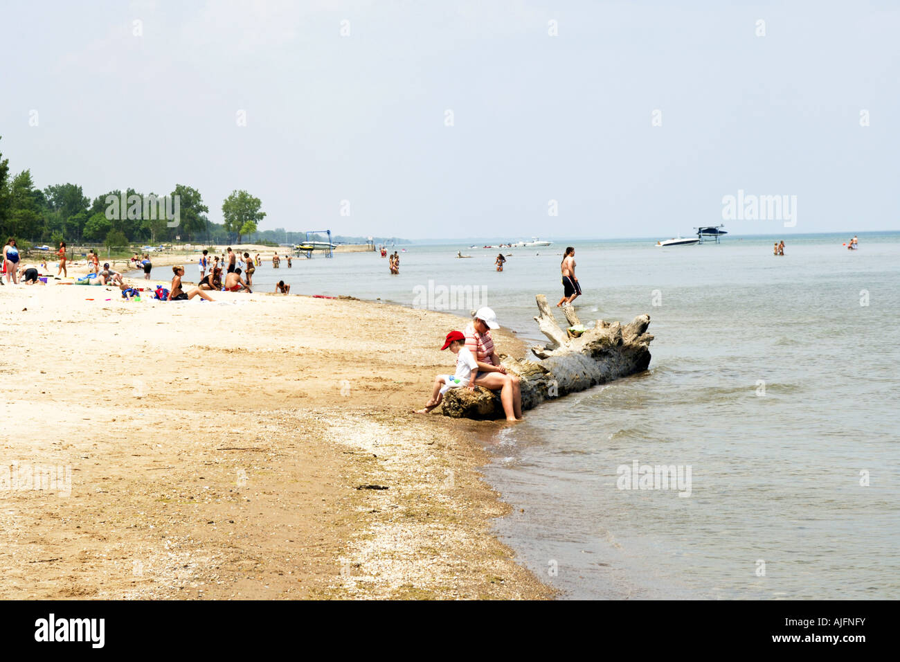 Mother and son sitting on a washed up log at the beach Stock Photo - Alamy