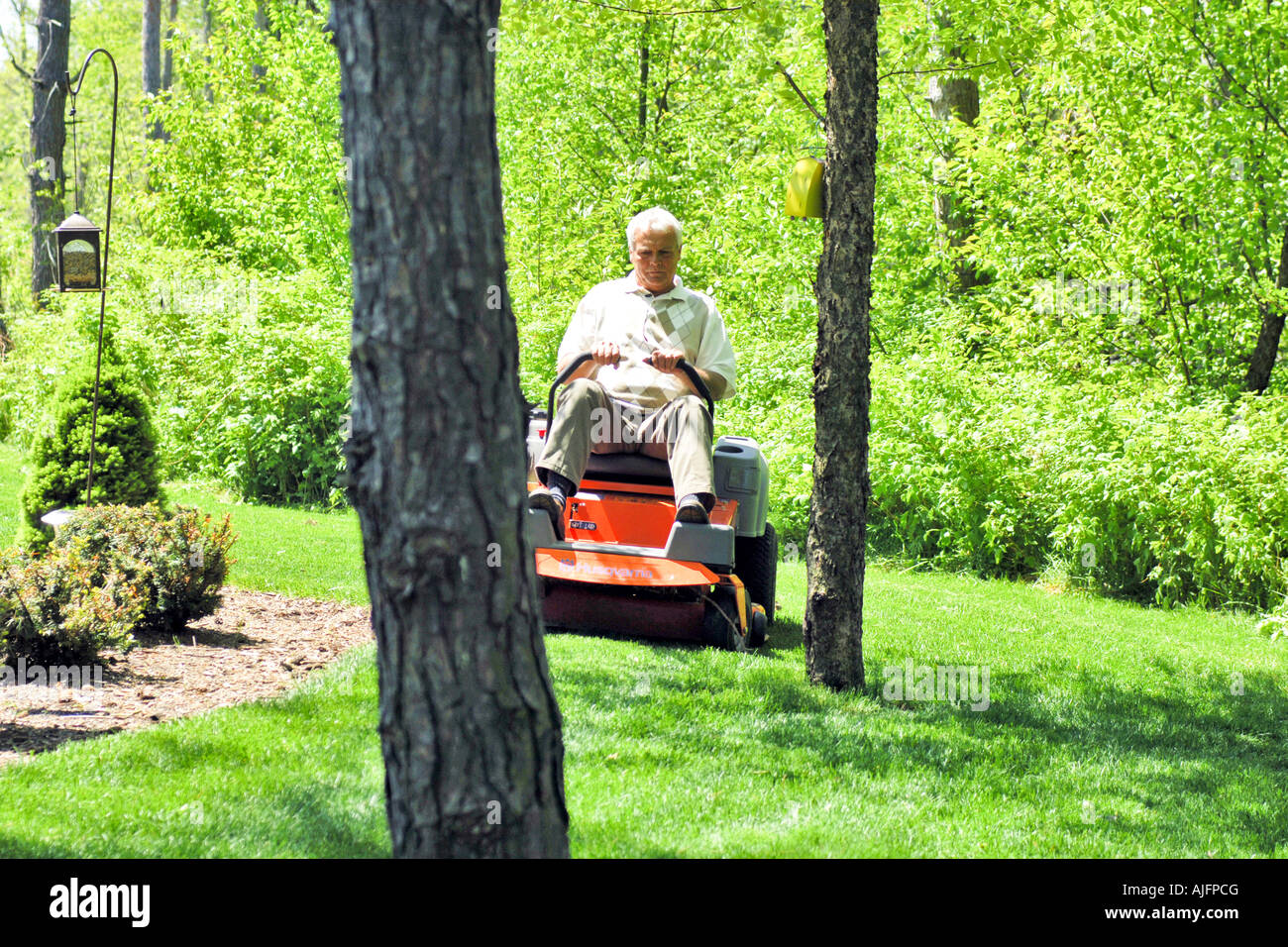 Senior male sitting on his ride-on lawn mower cutting the grass around ...