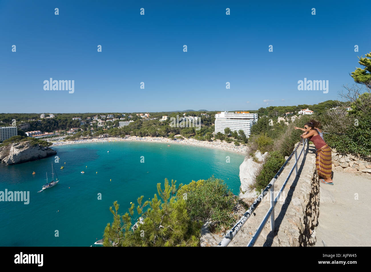 View over the beach at Cala Galdana, Menorca, Balearic Islands, Spain ...
