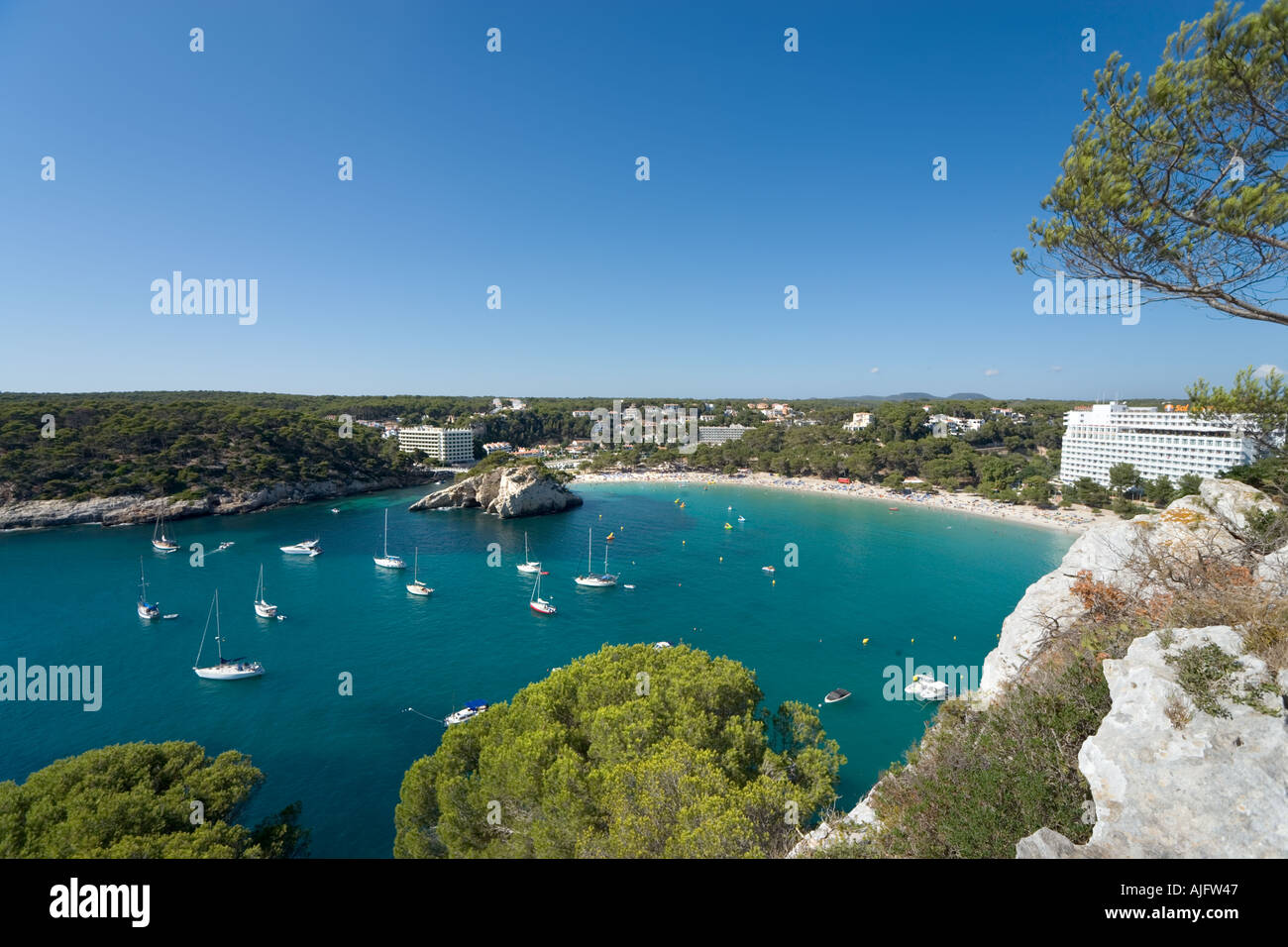 View over the beach at Cala Galdana, Menorca, Balearic Islands, Spain ...