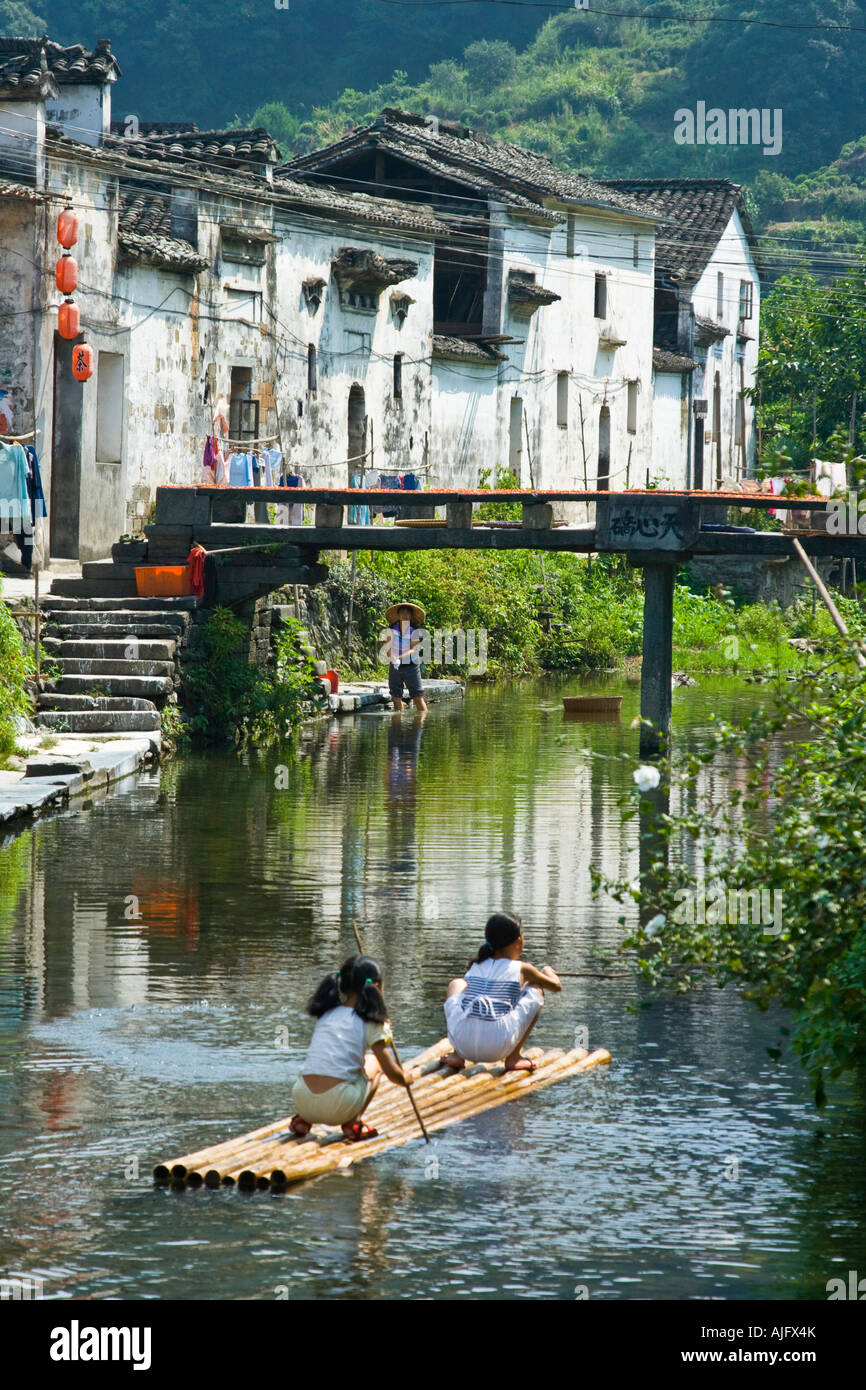 Canal and Ancient Village of Likeng Girls Play on Bamboo Raft Wuyuan ...