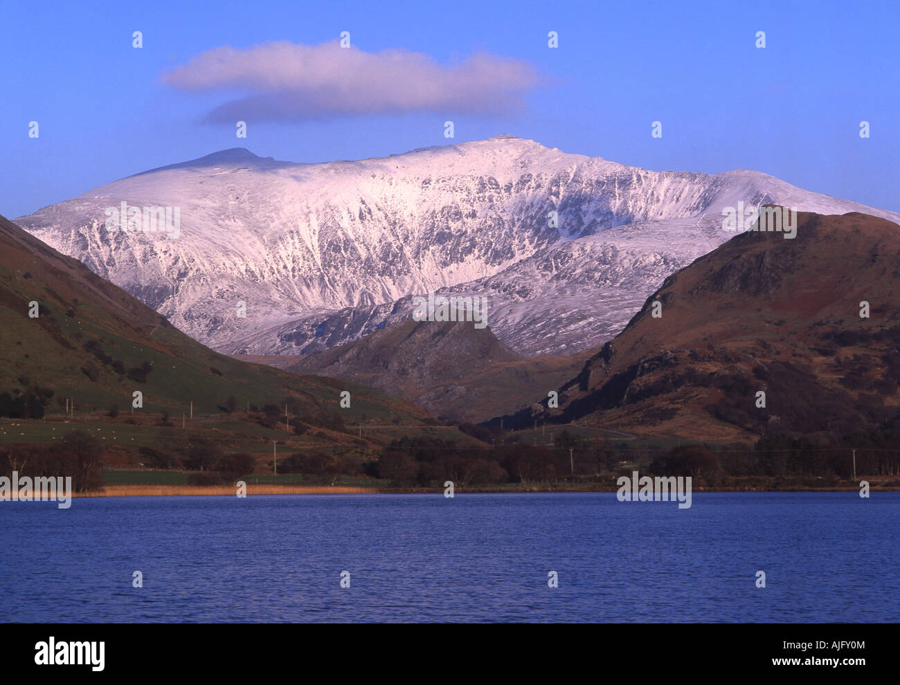 Snowdon covered in snow reflected in Llyn Nantlle Uchaf View from the ...