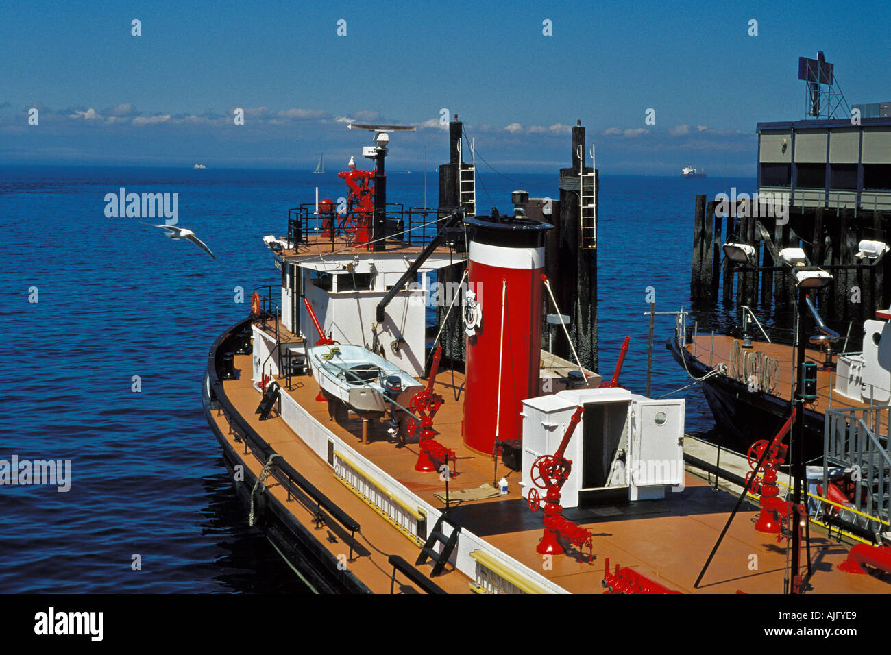 Fireboat docked on Seattle Washington Waterfront on Elliot Bay with ...