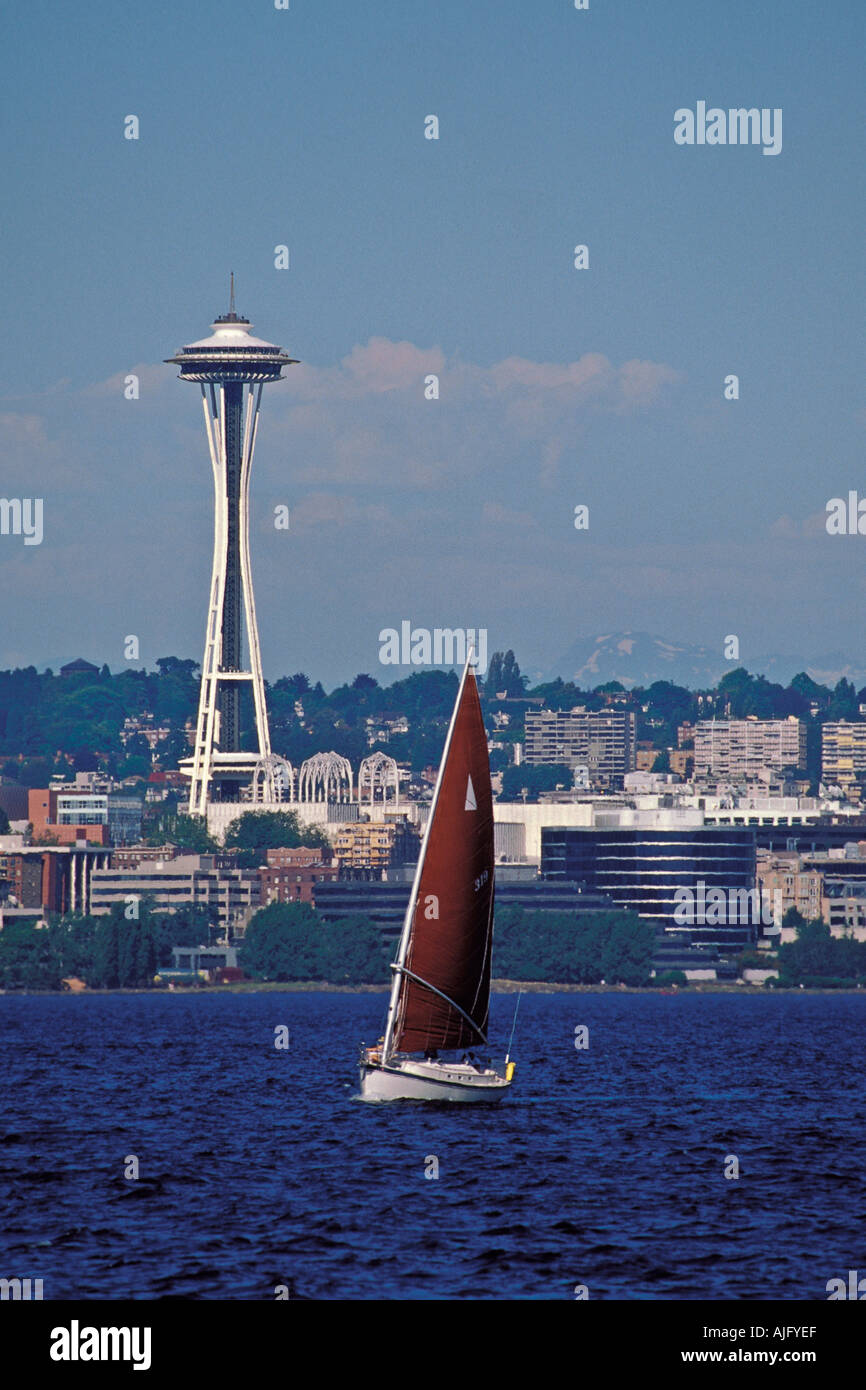 Sailboat On Puget Sound With Space Needle In Back Seattle Washington ...