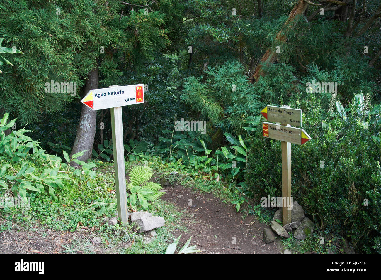 Footpath signs near Salto do Prego waterfall, Sao Miguel island, the ...