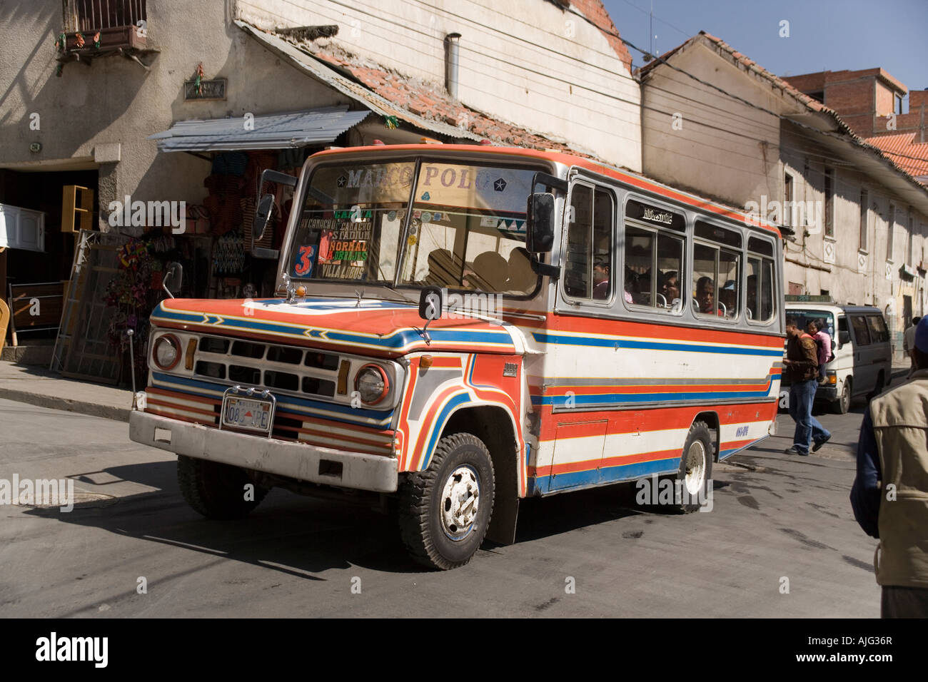 Micro bus in the market district in the main Ayamara neighbourhood of ...