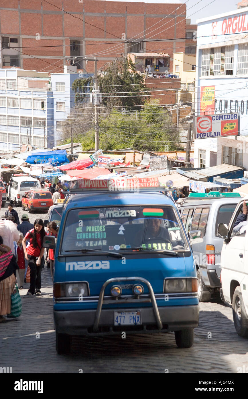 Micro bus in the Aymara market district of La Paz, Bolivia Stock Photo ...