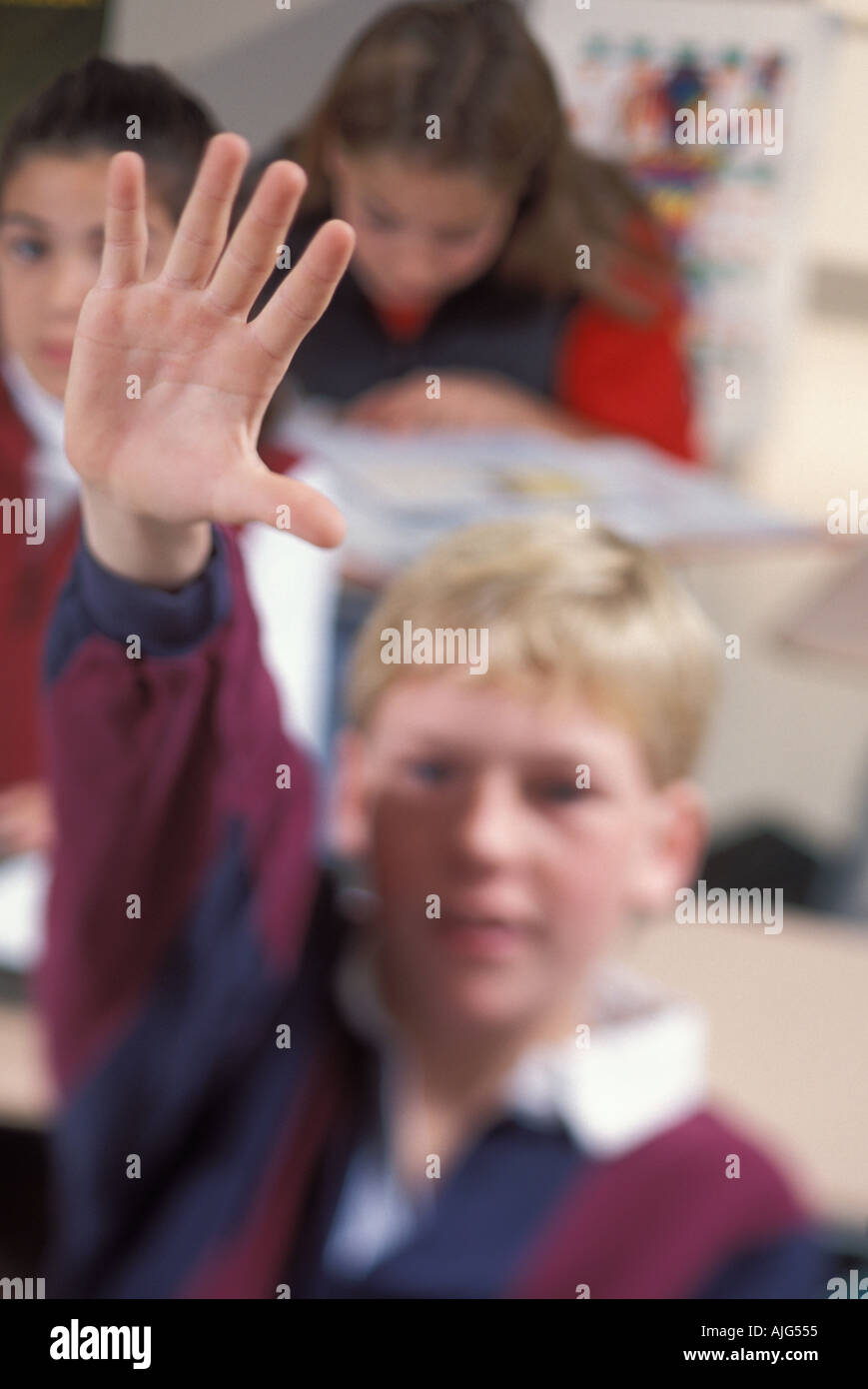 Caucasian male student raising hand in middle school class Stock Photo ...