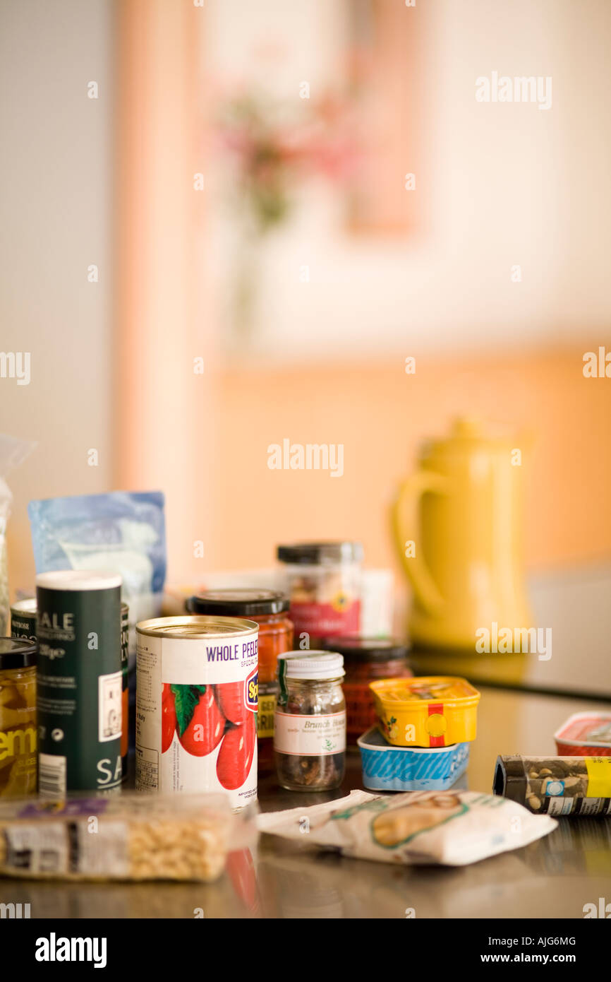 Food items on kitchen counter Stock Photo - Alamy