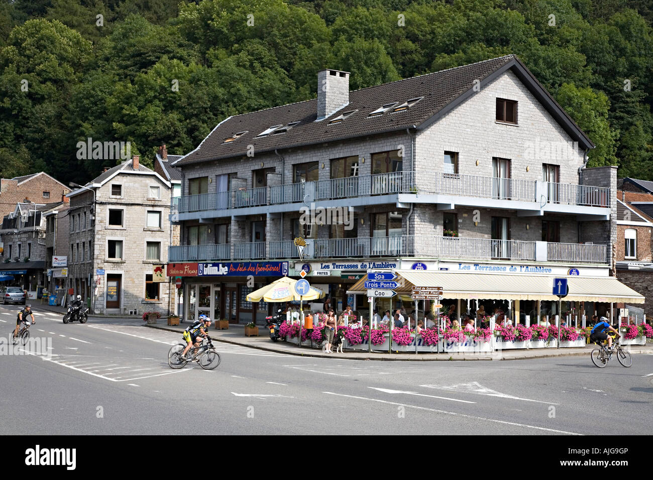 Cycle race through town of Remouchamps Belgium Stock Photo - Alamy