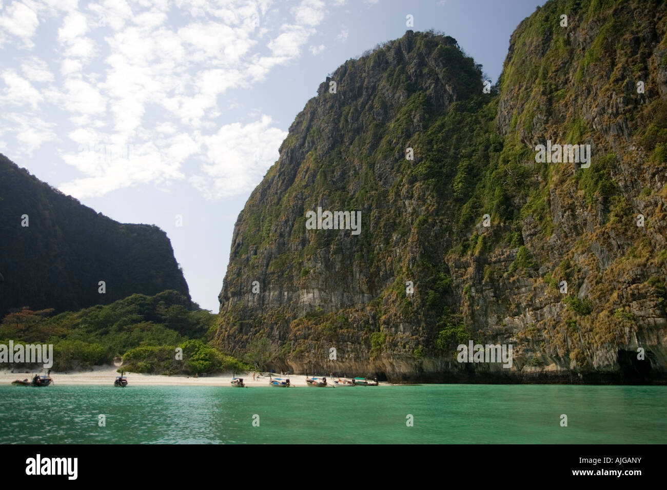 Karst rocks and cliffs overlook Maya Beach Ao Maya Bay Ko Phi Phi Leh ...