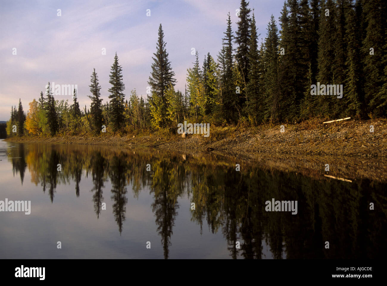 Boreal forest in autumn colors reflecting in John River Gates of the ...