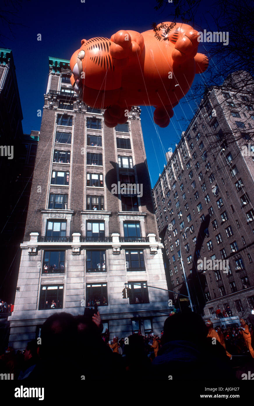 The Garfield the Cat balloon floats above Central Park West in the Macy ...