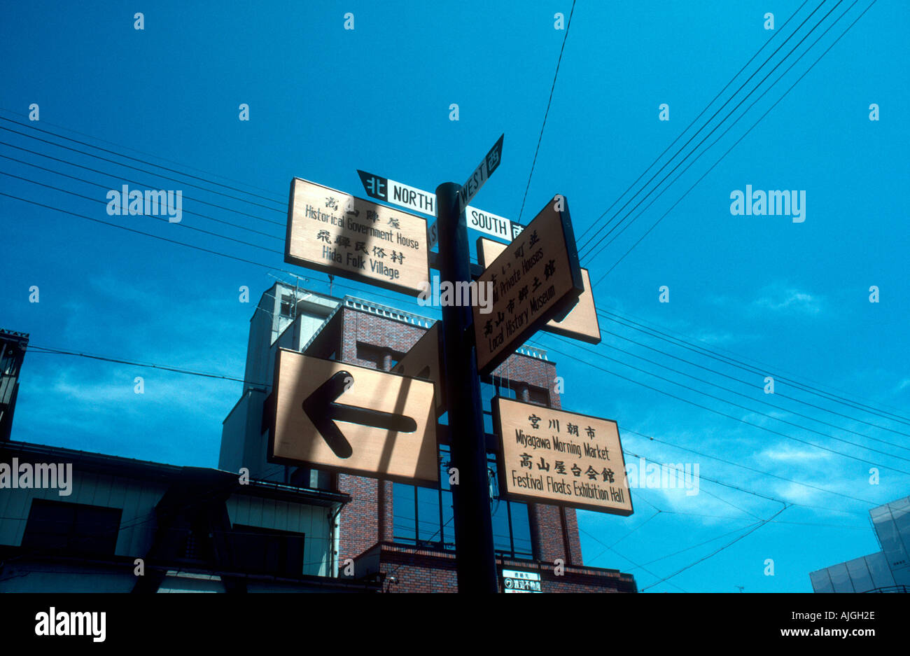 Steet sign in English and Japanese directing tourists to the various ...