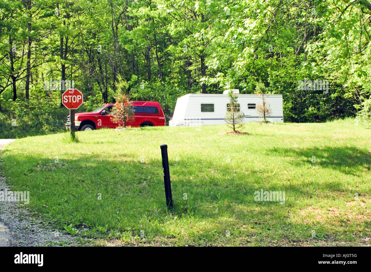 A Fifth wheel trailer pulling into a campground in Ohio Stock Photo - Alamy