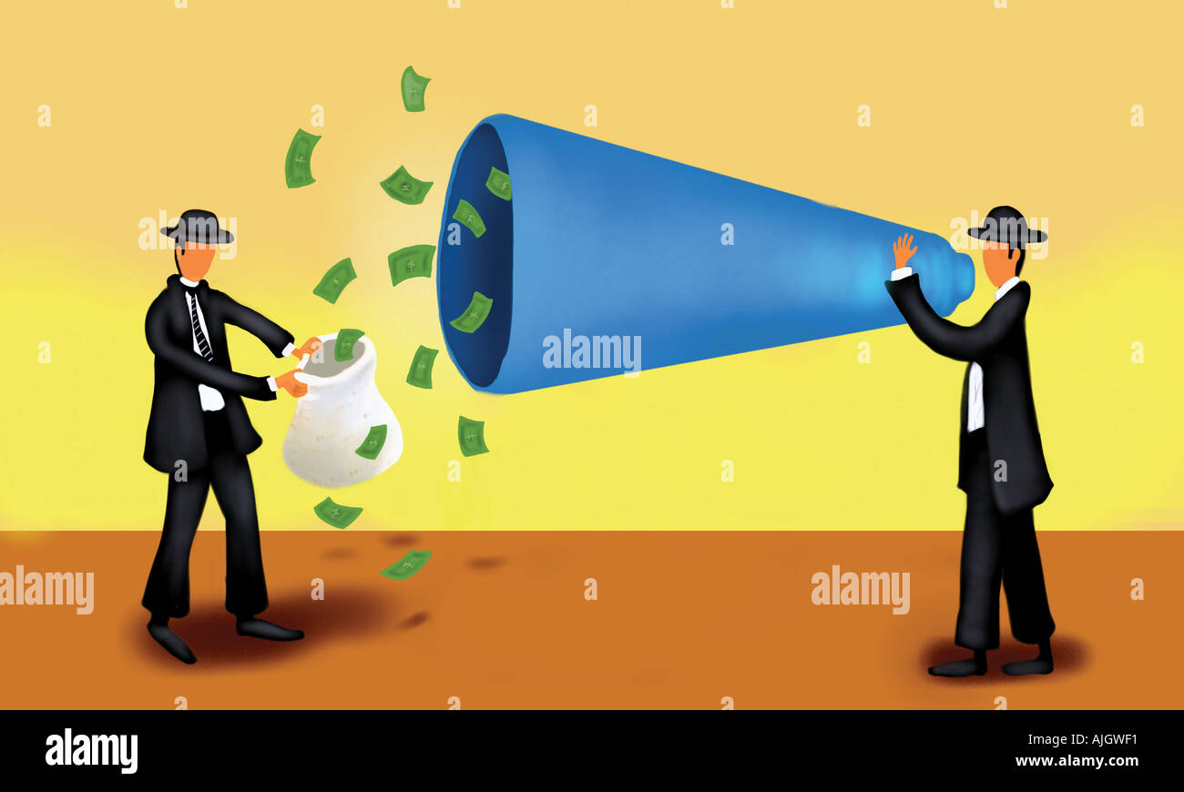 Side profile of a man blowing money out of a loudspeaker Stock Photo ...