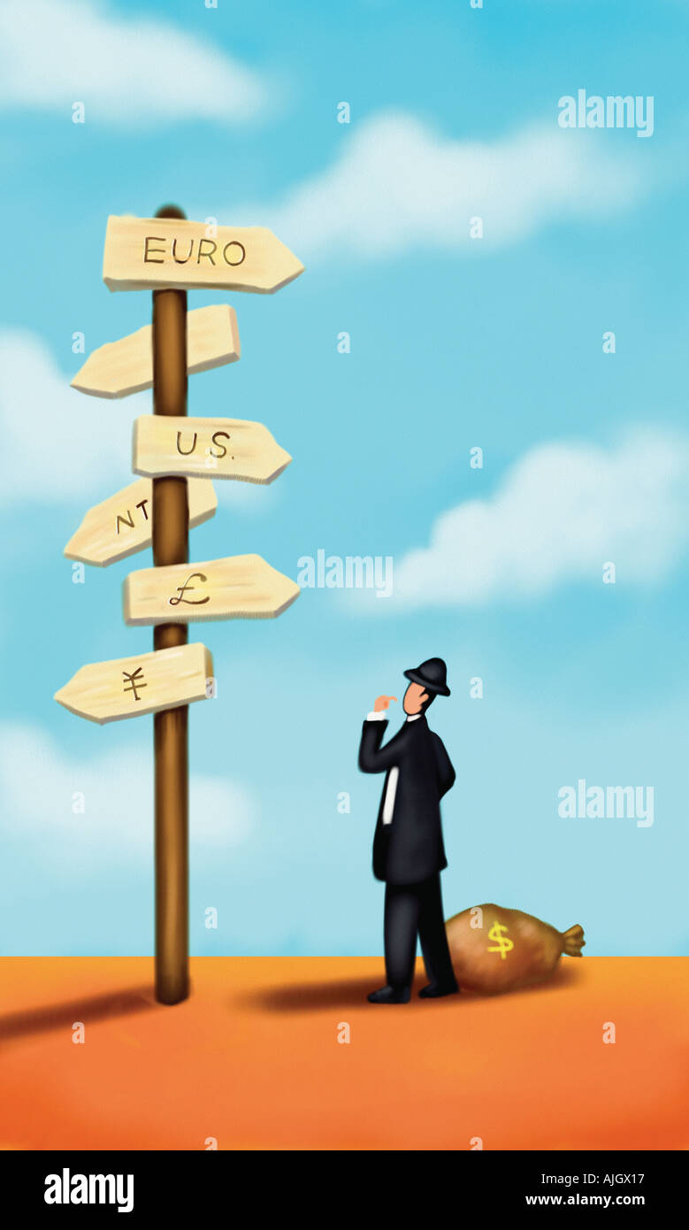 Side profile of a man looking at directional signs Stock Photo - Alamy