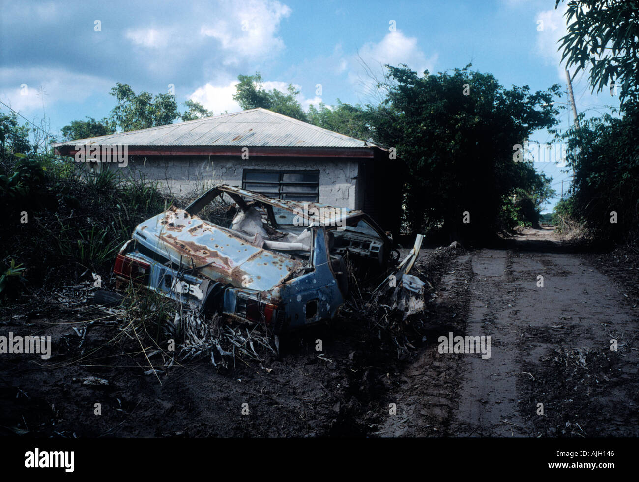 Montserrat destruction after Soufriere Hill Volcanic disaster Stock ...