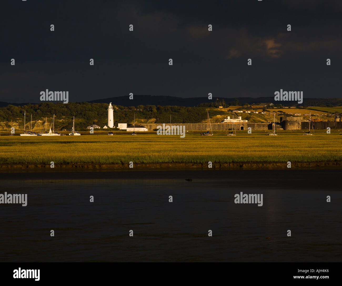 View of Hurst Lighthouse and Castle across Keyhaven salt marshes on a ...