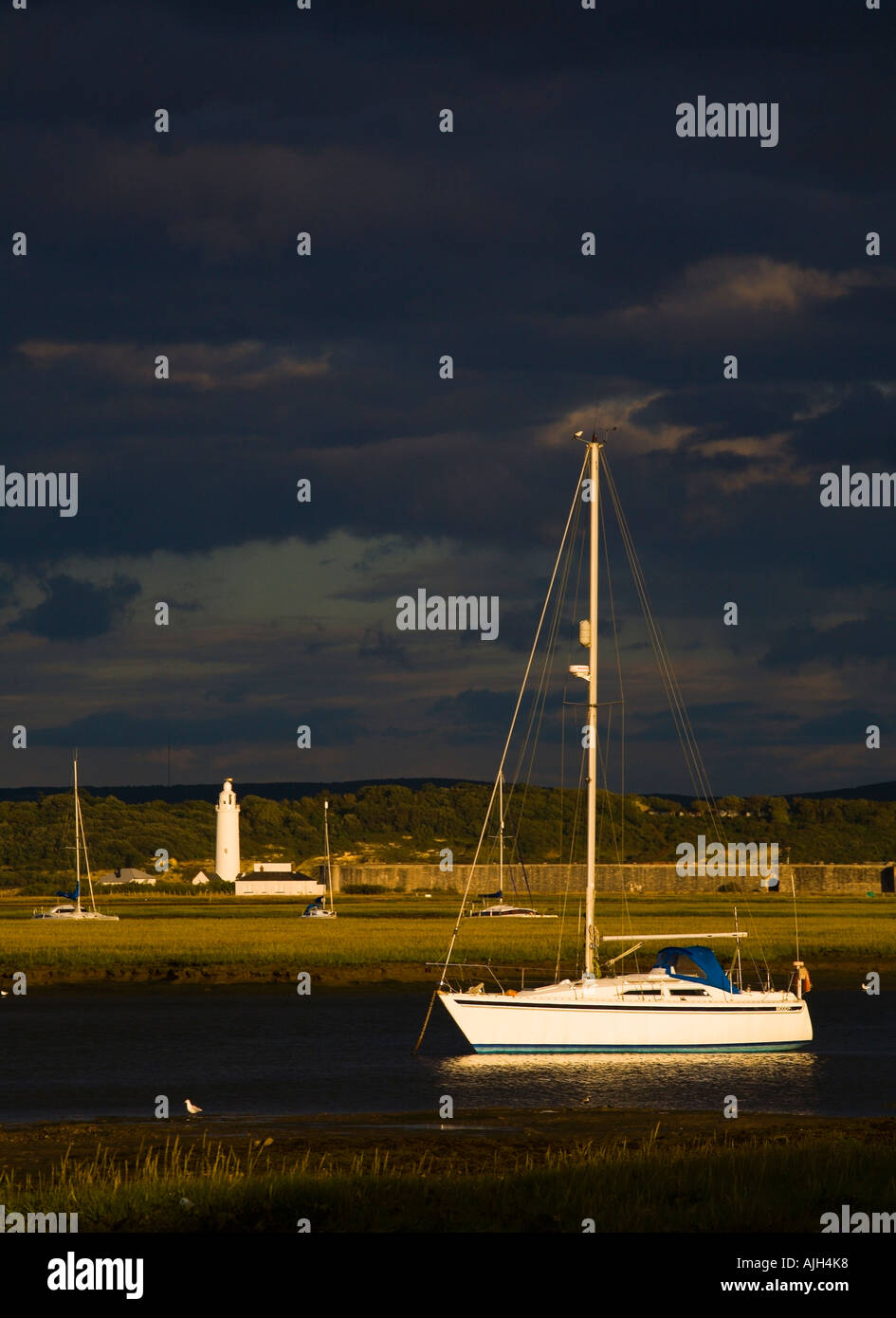 View of Hurst Lighthouse and Castle across Keyhaven salt marshes on a ...