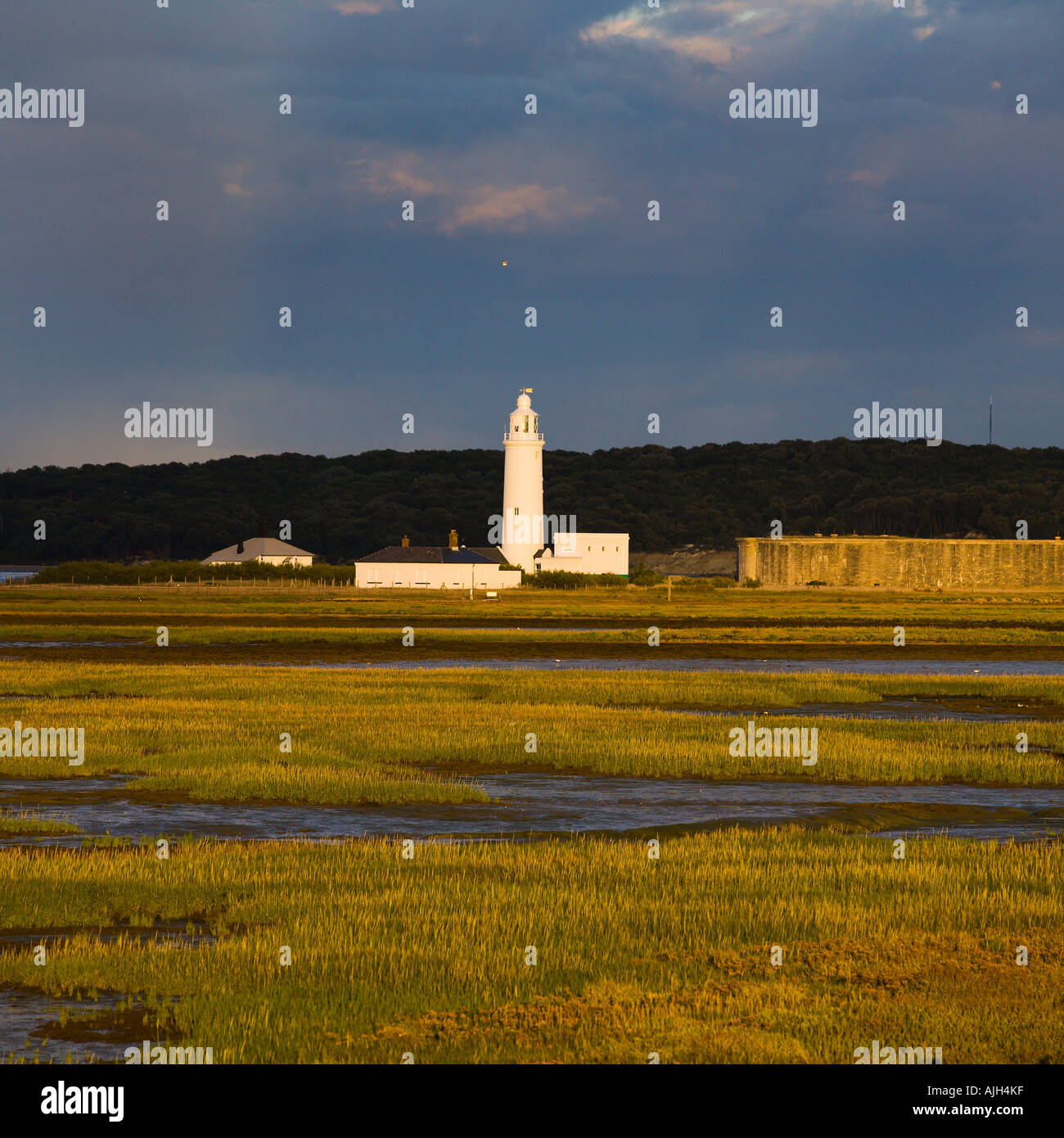 View of Hurst Lighthouse and Castle across Keyhaven salt marshes on a ...