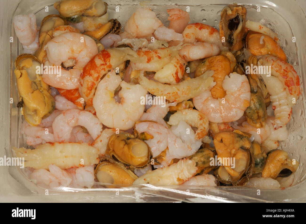 Clear plastic pack of defrosted frozen seafood. Food industry Stock ...