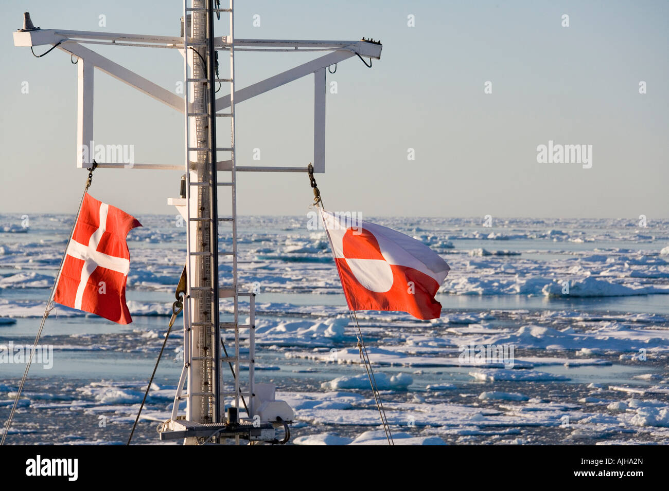Dutch and Greenland flags on a Dutch registered ship in the Greenland ...