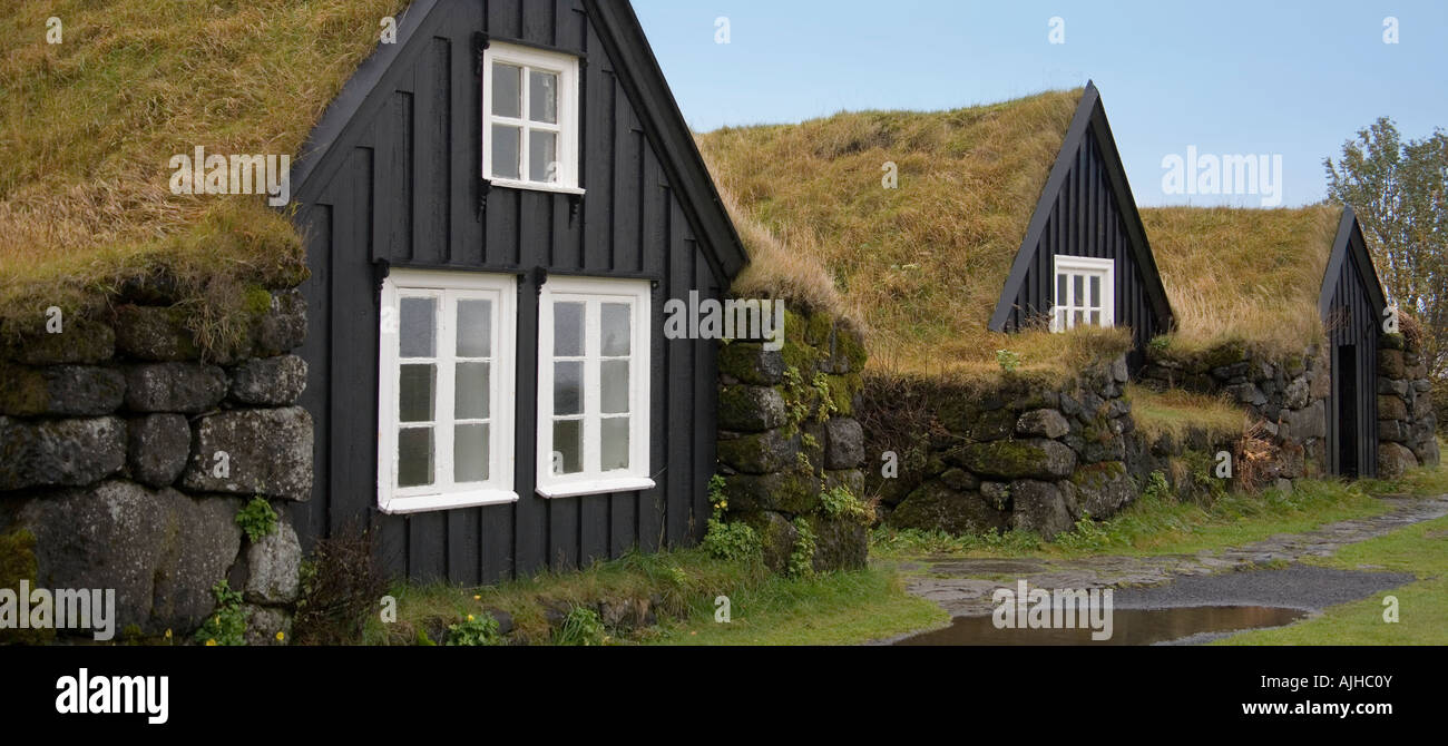 Traditional old turf covered houses at Skogar on the south coast of ...