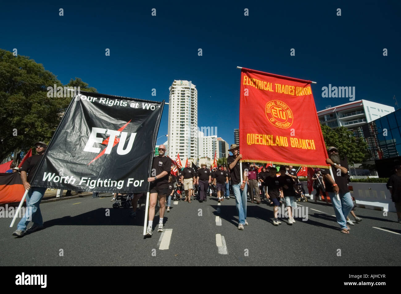ETU Electrical Trades Union Banners protest march Stock Photo - Alamy