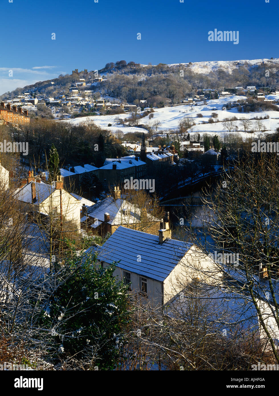 View of snow covered Matlock Bath in the Peak District Derbyshire ...