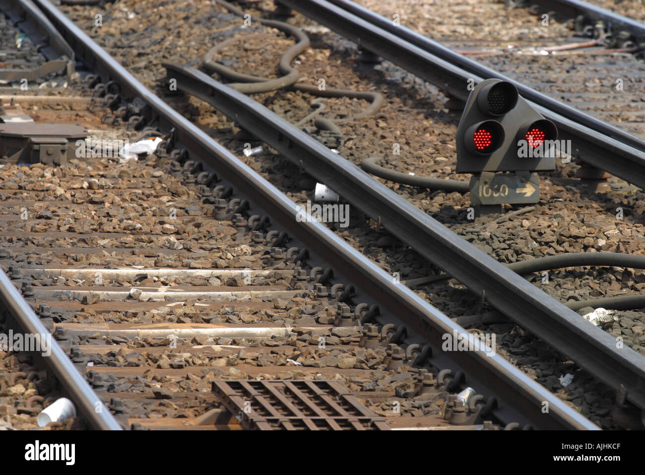 Rail track railway network with red signal Stock Photo - Alamy