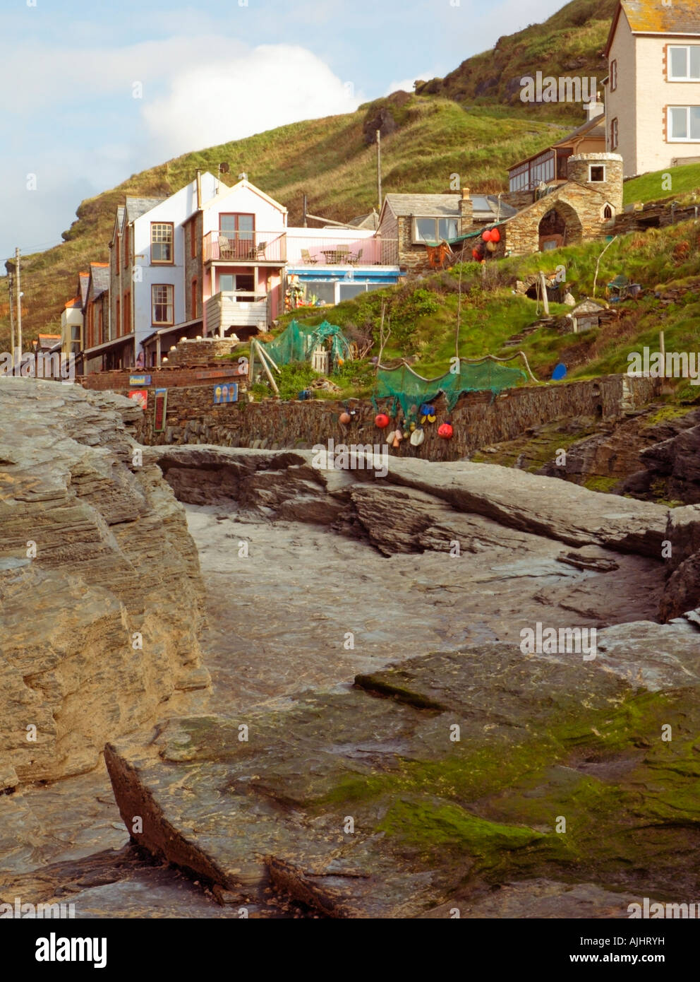 The rocky gully from Trebarwith Strand Beach looking up towards the ...