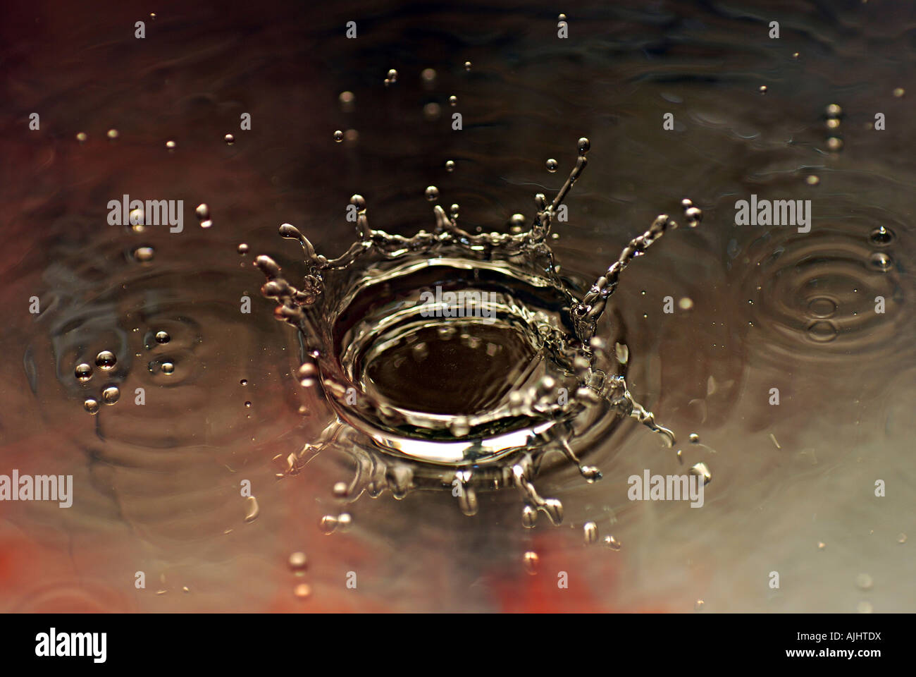 Water drops splash in liquid causing a crown shape Stock Photo - Alamy