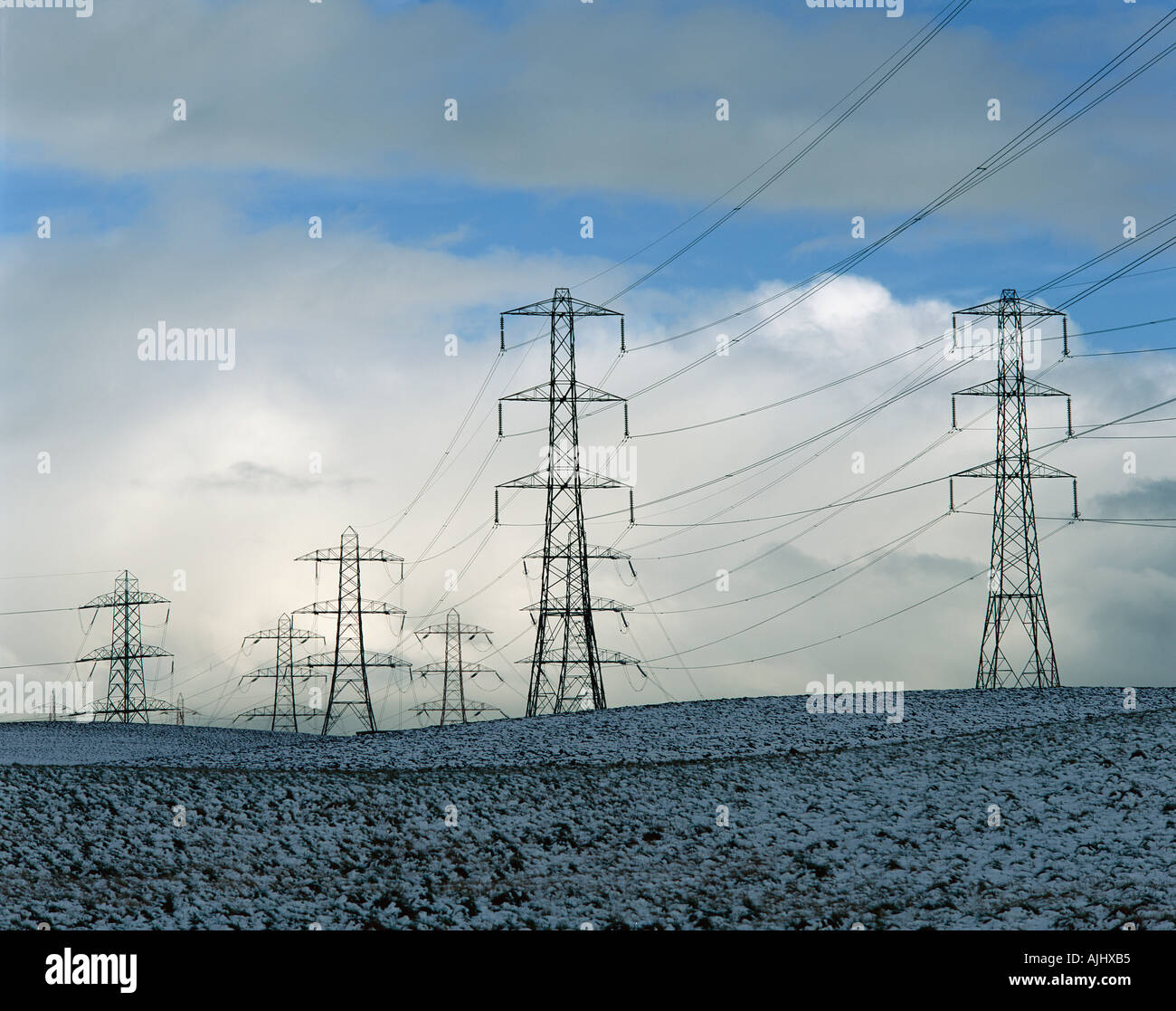 Pylons in a snowy field Stock Photo - Alamy