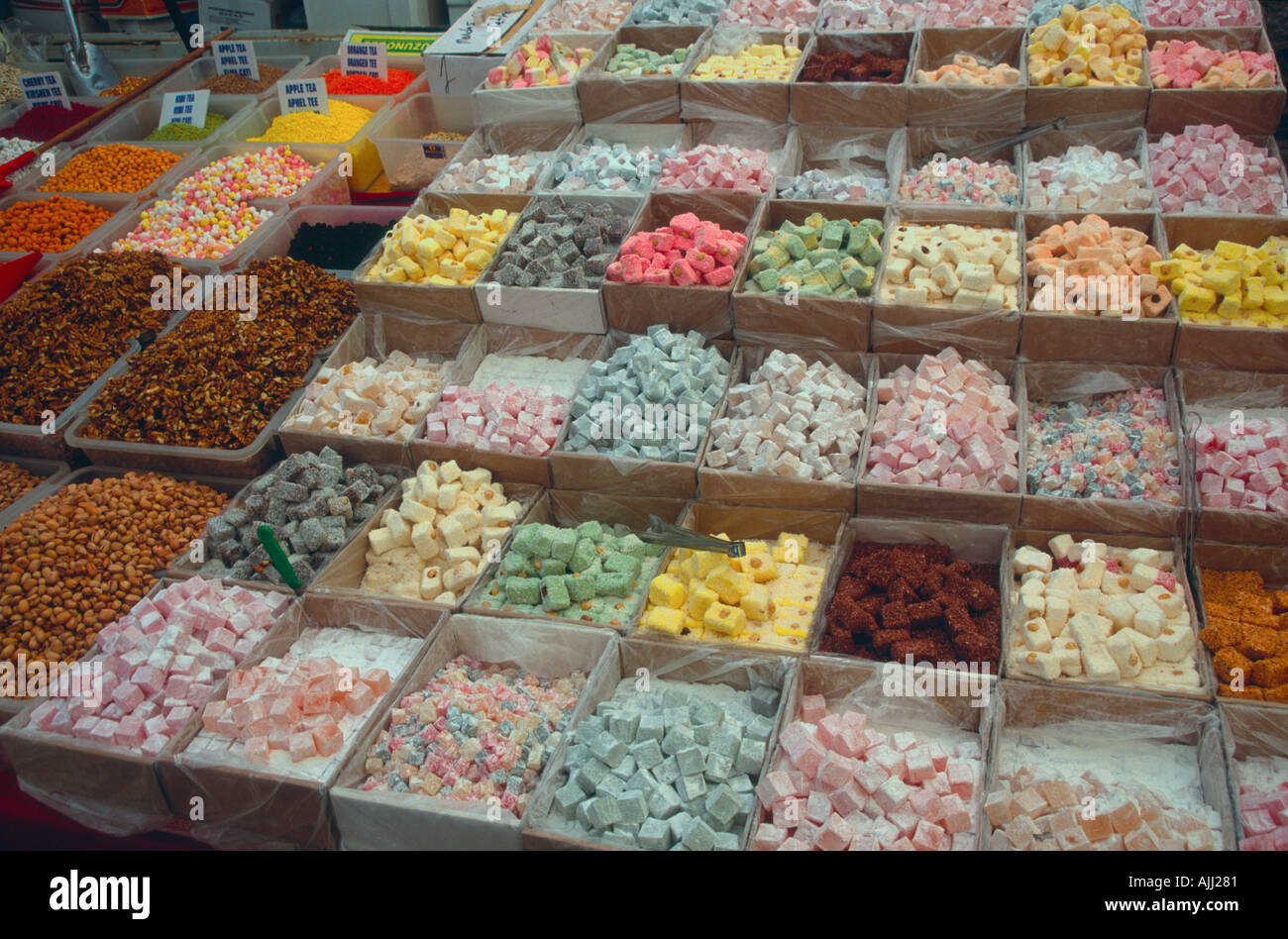 Market stall display of colourful turkish delight hi-res stock ...