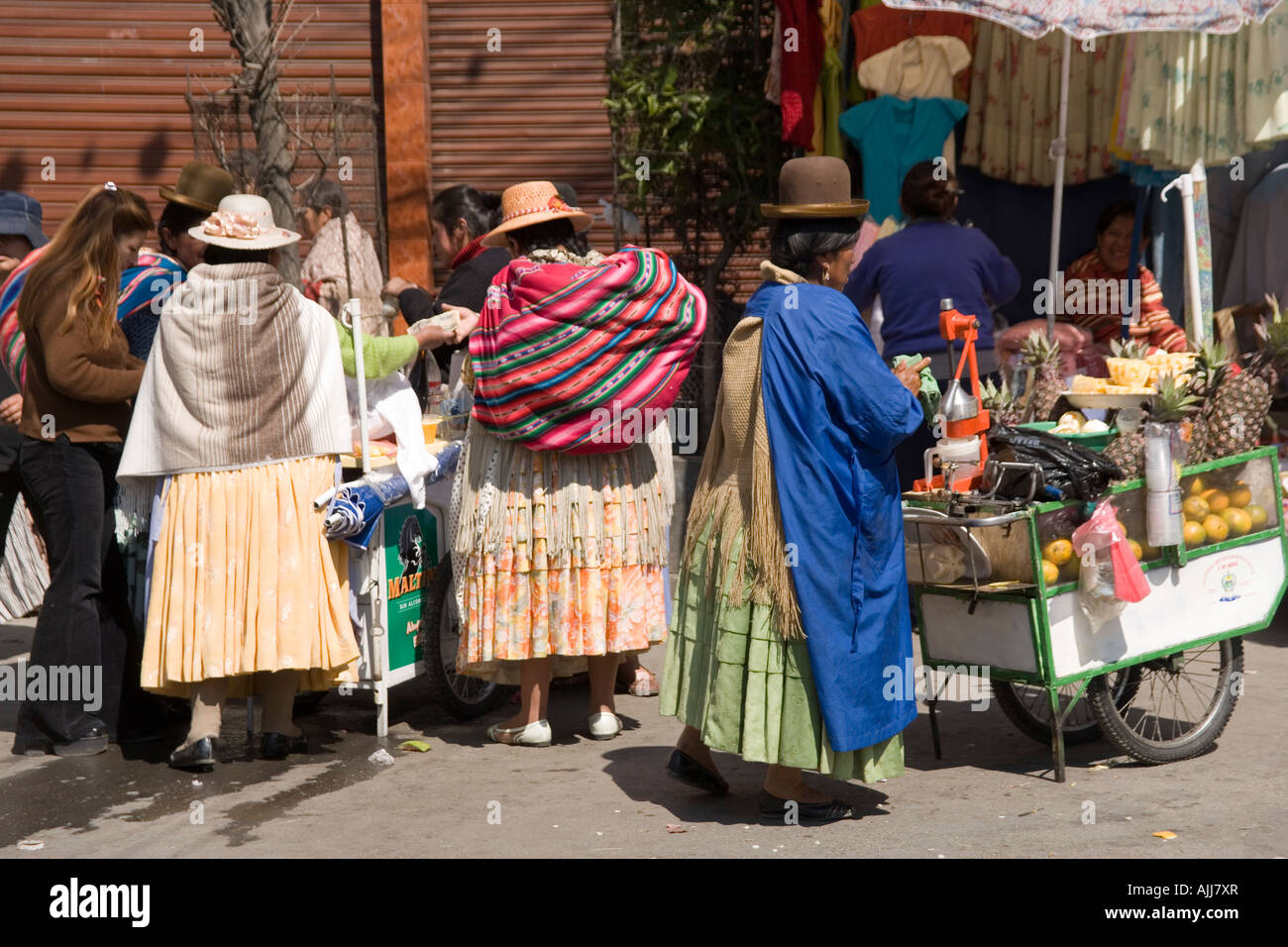 Aymara people and a food stall in the market district of La Paz ...